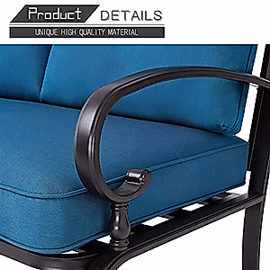 Oakmont 5Pcs Outdoor Patio Furniture Conversation Sets (Loveseat, Coffee Table and Bistro Table, 2 Spring Chair) -Wrought Iron Chair Set with Peacock Blue Cushions