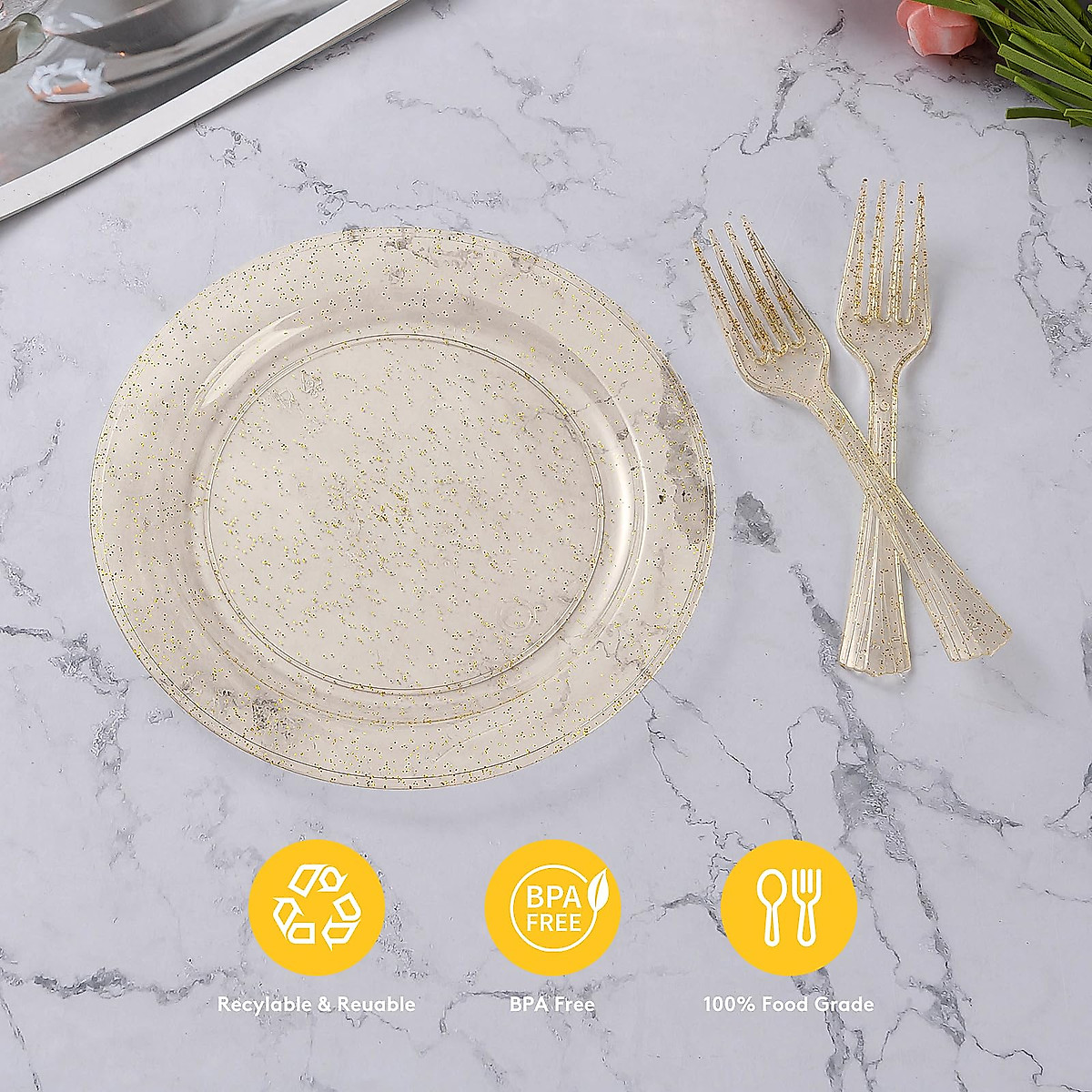 Goodluck 60 Plastic Dessert Plates 6.3" with 60 Plastic Forks 5.7", Gold Glitter Disposable Plates for 60 Guests, Heavy Duty Plastic Plates for Party, Appetizer Plates for Wedding