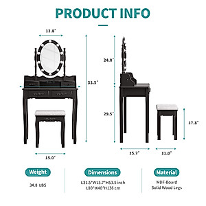 Alohappy Vanity Desk Set with Lighted Mirror, Black Makeup Dressing Table Desk with Mirror & Lights, Padded Stool, 4 Drawers Storage & Easy Assembly for Bedroom, Bathroom