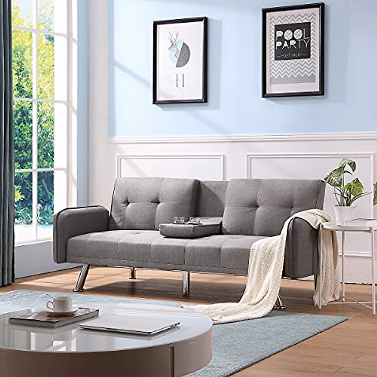 ERDAYE Futon Sofa Loveseat Convertible Sleeper Couch Bed Futonbed for Living Room Apartment Small Space Furniture Sets with 2 Cup Holders,Metal Legs, Removable Soft Square Armrest, Light Gray-1