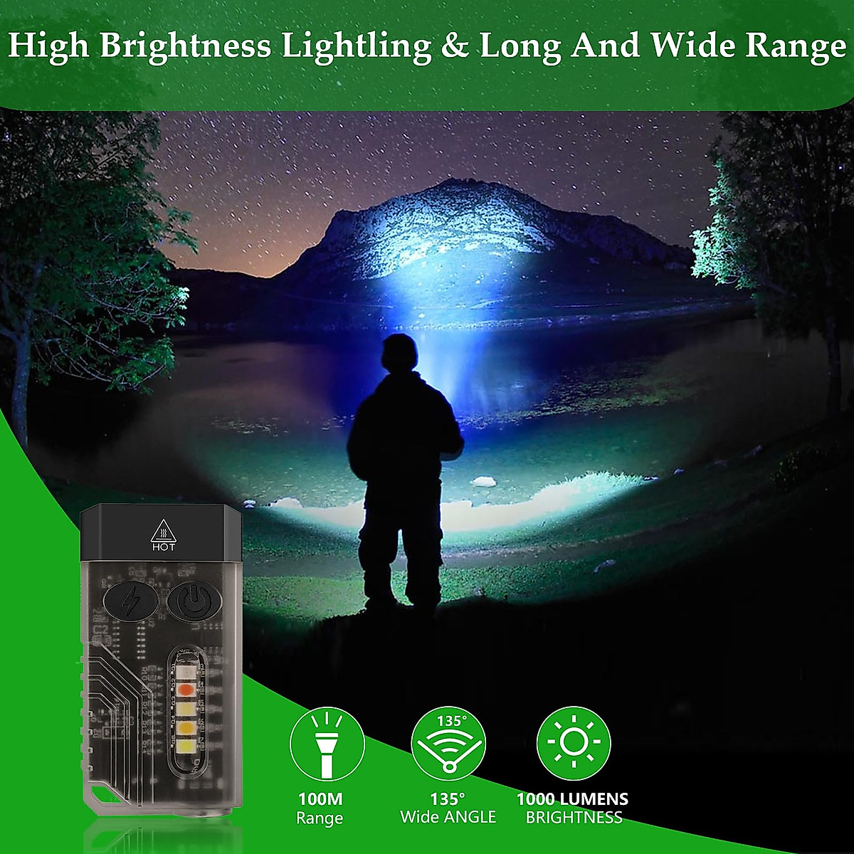 Hisim Mini Powerful Keychain Bright 1000 Lumens EDC Flashlight with 14 Lighting Modes, 365NM UV Light COB Side Light IPX4 Pocket Tail Magnet Buzzer Alarm Rechargeable Flashlight Black