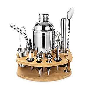 Cocktail Shaker Set Bartender Kit 13 Piece, Cocktail Kit Bar Set, Shaker Cocktail Kit with Bamboo Stand, Mixing Spoon, Muddler, Bottle Stoppers, Liquor Pourers, Strainer