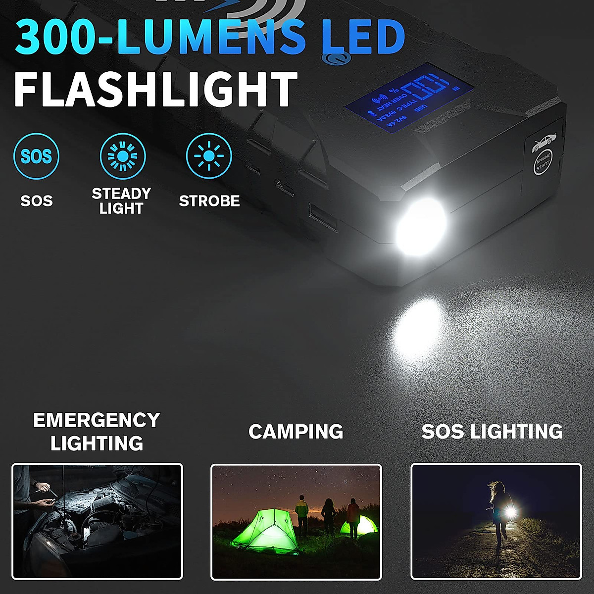 JOMGAND JW401 Jump Starter 2000A Car Battery Charger 22000mAh 12V Lithium Car Battery Booster Pack Portable Car Jump Starter with Wireless Charger Up to 8L Gas and 6L Diesel Engines