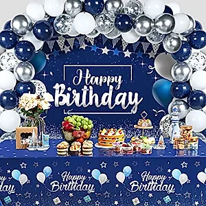 Navy Blue Birthday Party Decorations Blue Confetti Balloons Kit Happy Birthday Photography Backdrop Banner Tablecloths for Boys Girls Men Women Birthday Party Supplies Decor (Navy Blue and Silver)