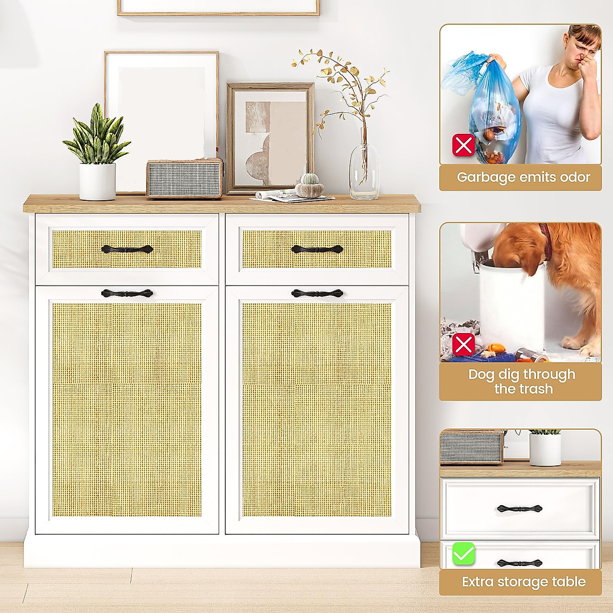 Double Tilt Out Kitchen Trash Cabinet,Freestanding Trash Cabinet with Countertop and Drawer,Wooden Pet Proof Recycling Cabinet, Hideaway Trash Holder for Home Kitchen Bathroom Living Room Single