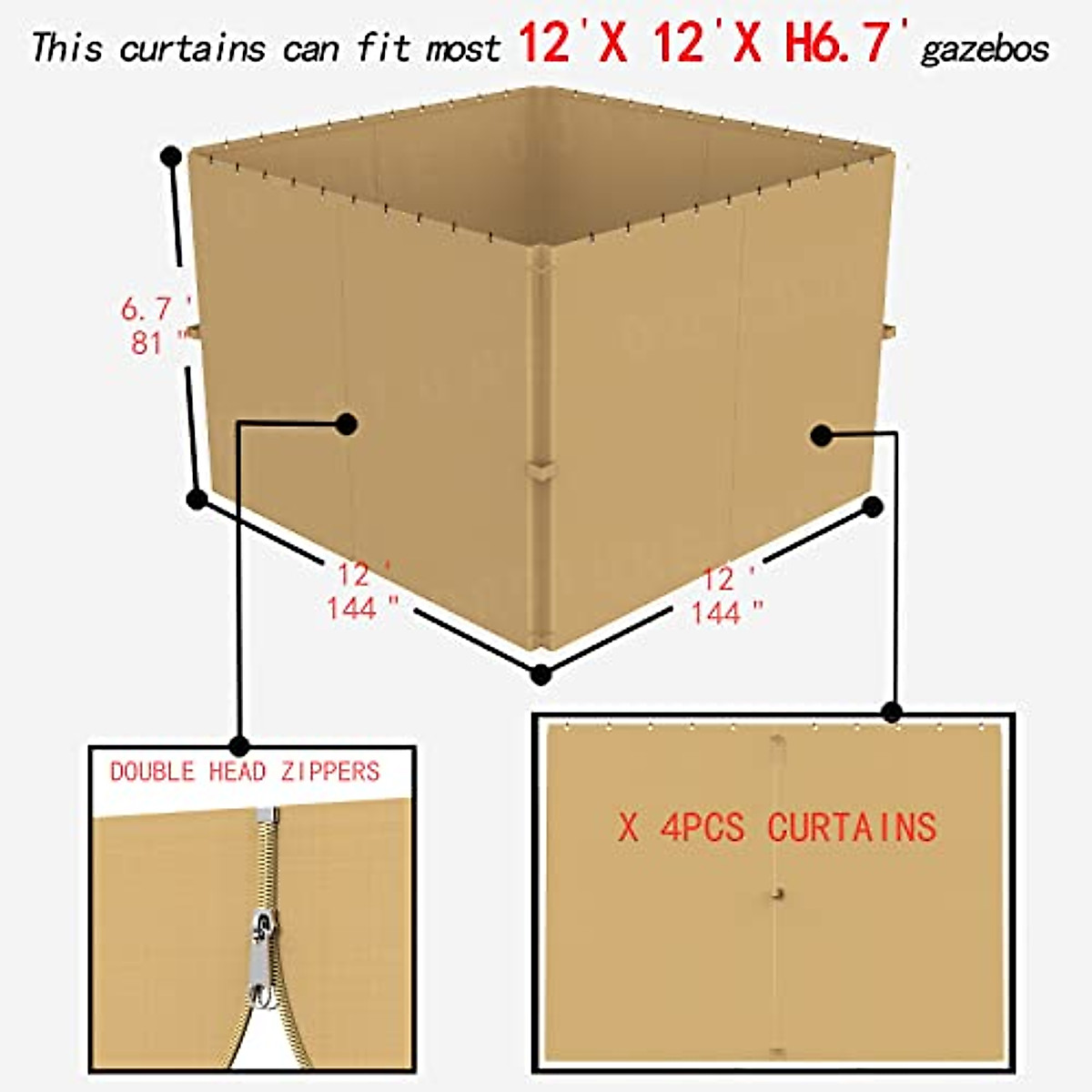 PROTUNE OUTDOORS 12-ft x 12-ft Gazebo Curtains,Privacy Sidewall Set 4-Panel Universal Replacement Shade Curtains Set,Protecting Side Walls (Only Curtain)-Khaki