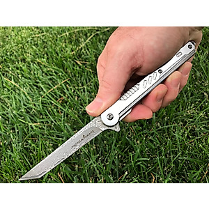 TACTICAL GEARZ Damascus Pocket Knife for EDC! Stainless Steel Handle! 67 Multi Layered Damascus Steel Tanto Blade! Includes Sheath! (Kraz XT)