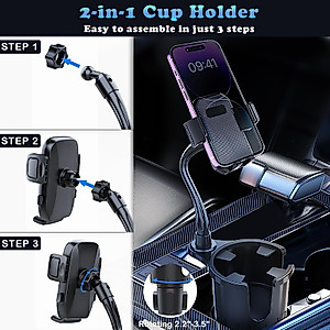 Cup Holder Phone Holder, 2024 Upgraded 2 in 1 Car Cup Holder Expander with Adjustable Base Long Gooseneck 360° Rotation, Cup Holder Phone Mount Fits All Smartphones and Most Bottles