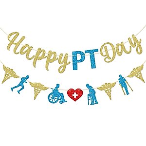 Qttier Happy PT Day Banner, Physical Therapist Day Banner, Physical Therapist Appreciation Party Decor, Happy PT Day Sign, Gold ＆ Blue Glitter