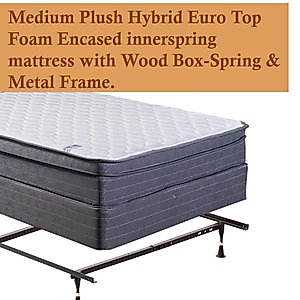 Mattress Solution Medium Plush Foam Encased Hybrid Eurotop Pillowtop Innerspring Mattress And 4" Metal Low Profile Boxspring/Foundation Set,With Frame, Full Size