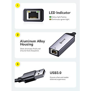 USB to Ethernet Adapter, Plug & Play USB 3.0 to 1000 Gigabit RJ45 LAN Ethernet Adapter for Laptop, Aluminium Portable USB Network Adapter Compatible for Nintendo Switch MacBook PC Mac Window - QUUGE