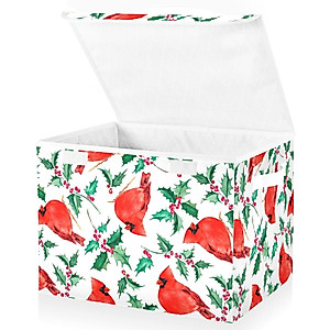 Krafig Foldable Storage Box Christmas Red Holly Berries Cardinal Birds Large Cube Organizer Bins Containers Baskets with Lids Handles for Closet Organization, Shelves, Clothes, Toys