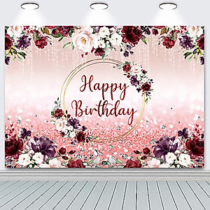 MAQTT 7 x 5 FT Pink Purple Rose Happy Birthday Photo Backdrop Flower Gold Glitter Blush Photography Background for Women Girl Birthday Party Decorations Banner Supplies