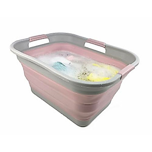 SAMMART 30L (8 gallon) Collapsible Plastic Laundry Basket-Foldable Pop Up Storage Container/Organizer-Portable Washing Tub-Space Saving Hamper/Basket (1, Grey/Pale Pink)