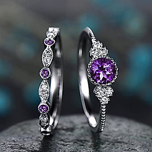 Fuqimanman2020 2pcs Women's Statement Stainless Steel Engagement Bands Cubic Zirconia CZ Ring Set-Purple 10