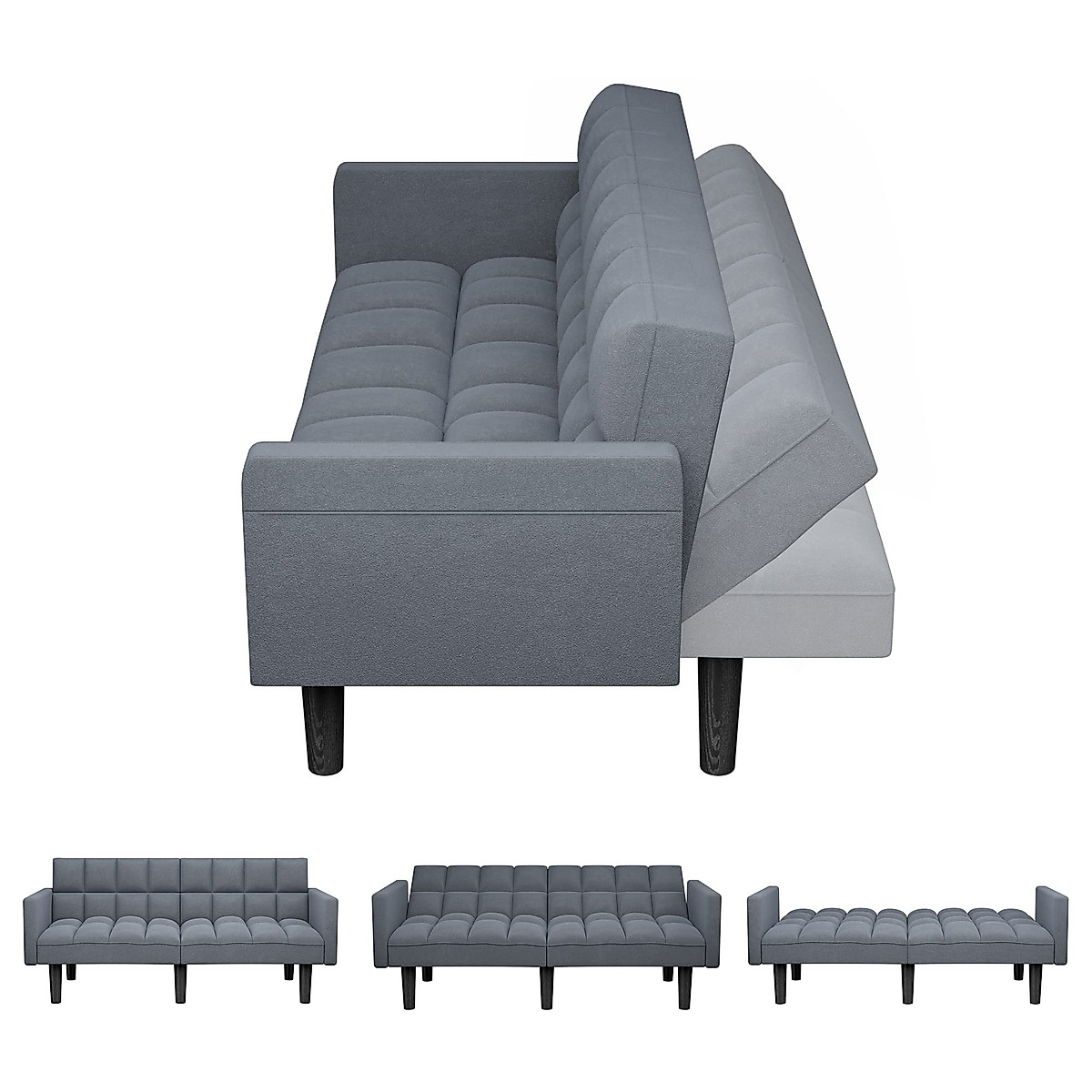 JUMMICO Modern Tuft Futon Sofa Bed Couch Convertible Loveseat Sleeper Reclining Futon Twin Size with Arms and 2 Pillows for Living Room (Blue)