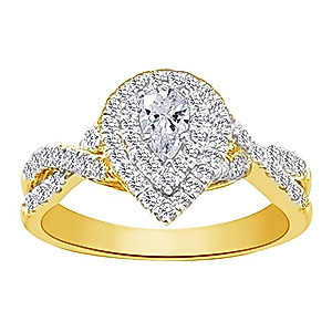 AFFY 0.62 CT White Natural Diamond Pear Shape Twist Shank Double Halo Engagement Wedding Ring In 14k Yellow Gold With Ring Size 6