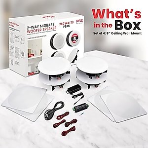 Pyle 8” 4 Bluetooth Flush Mount - In-wall In-ceiling 2-Way Speaker System Quick Connections Changeable Round/Square Grill Polypropylene Cone & Tweeter Stereo Sound 4 Ch Amplifier 250 Watt - PDICBT286