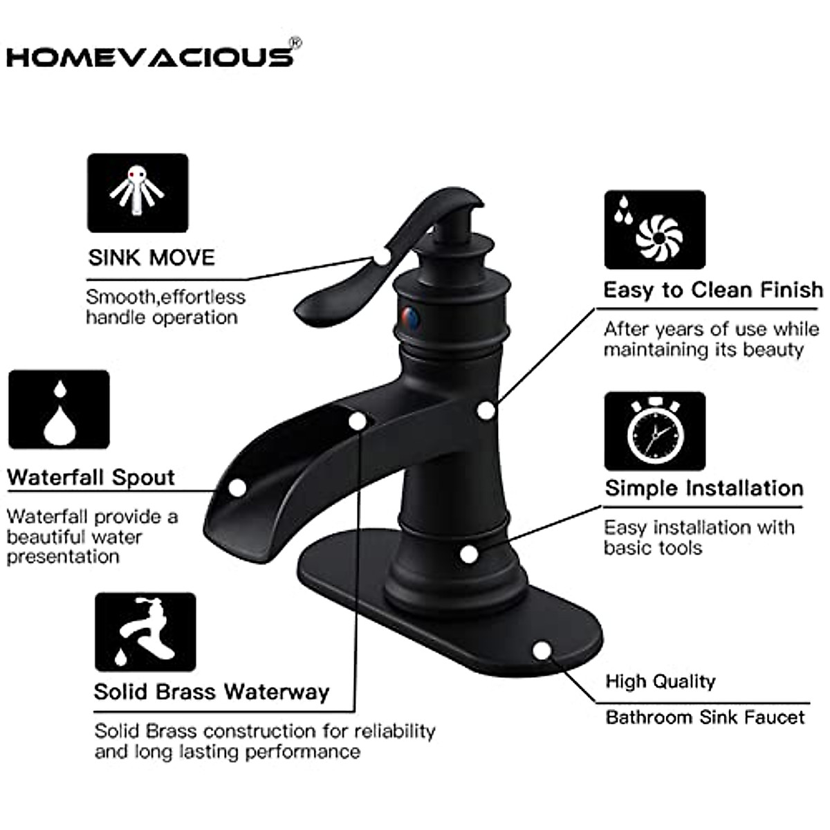 Black Bathroom Faucet Matte Waterfall Sink Farmhouse Vanity Single Hole Faucets One Handle Basin Antique centerset with Pop Up Drain Stopper Mixer Tap Overflow Supply Line Lead-Free by Homevacious