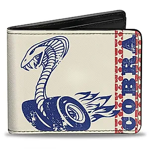 Buckle-Down Men's PU Bifold Wallet-Vintage Jet Logo/Cobra Stars + Ford Script Ivory/Navy/Red, Multicolor, 4.0" x 3.5"