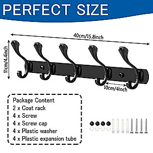 MOKANI Coat Rack Wall Mounted 2 Pack, Stainless Steel Wall Coat Hooks, Heavy Duty Metal Hook Rack Rail for Hanging Clothes Towel Coat Hat Key Robes Entryway Bathroom Kitchen (5 Hooks,Black)