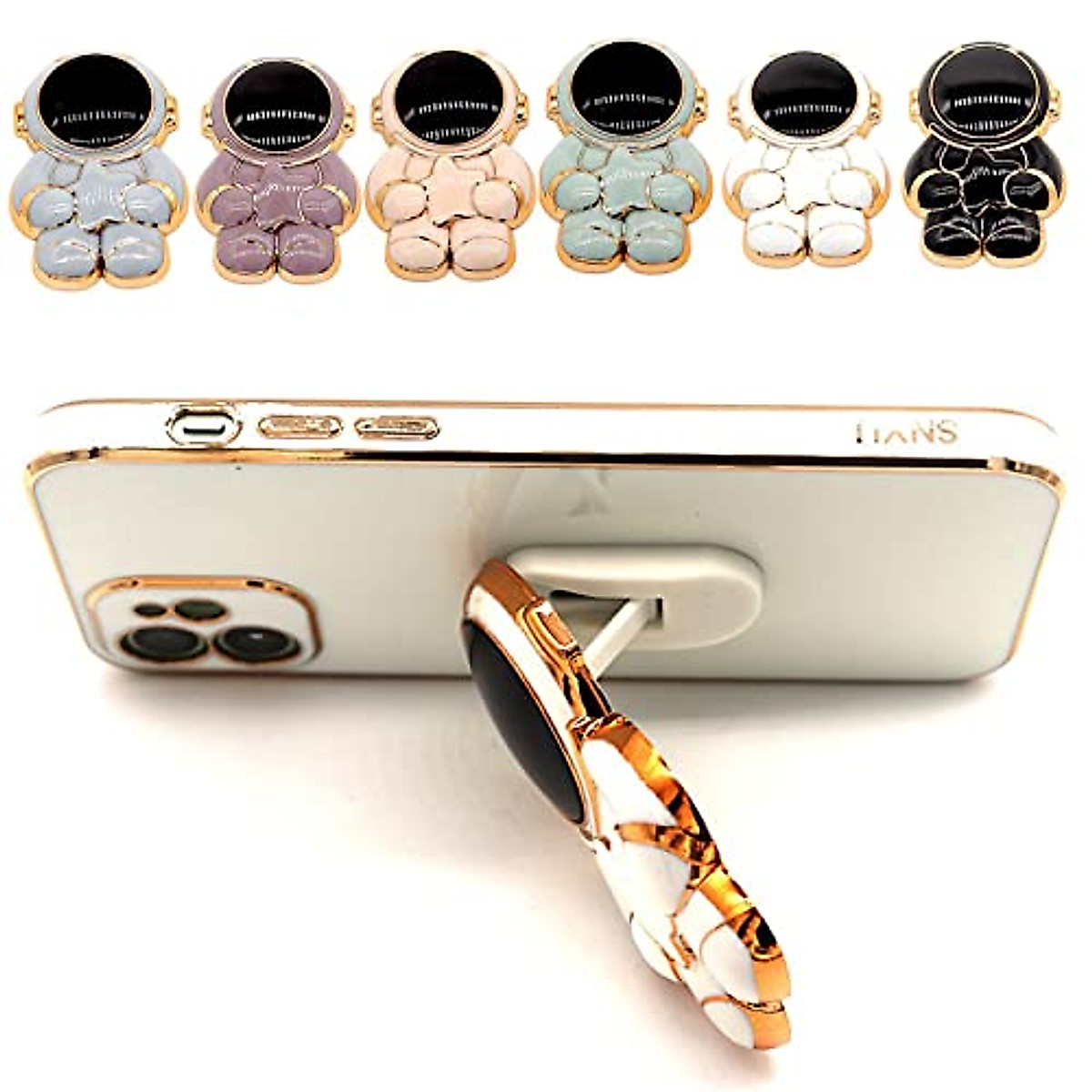 QUS Phone Grip Handle, Cute 3D Plating Astronaut Hidden Phone Stand Finger Clip Holder Foldable Compatible with All Phones, Black, One-size