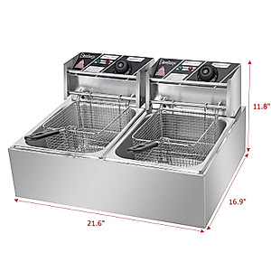 Commercial Electric Deep Fryer, Countertop Stainless Steel Deep Fryer French Fries for Restaurant Home Kitchen (Double Tank, 12.7QT/12L)