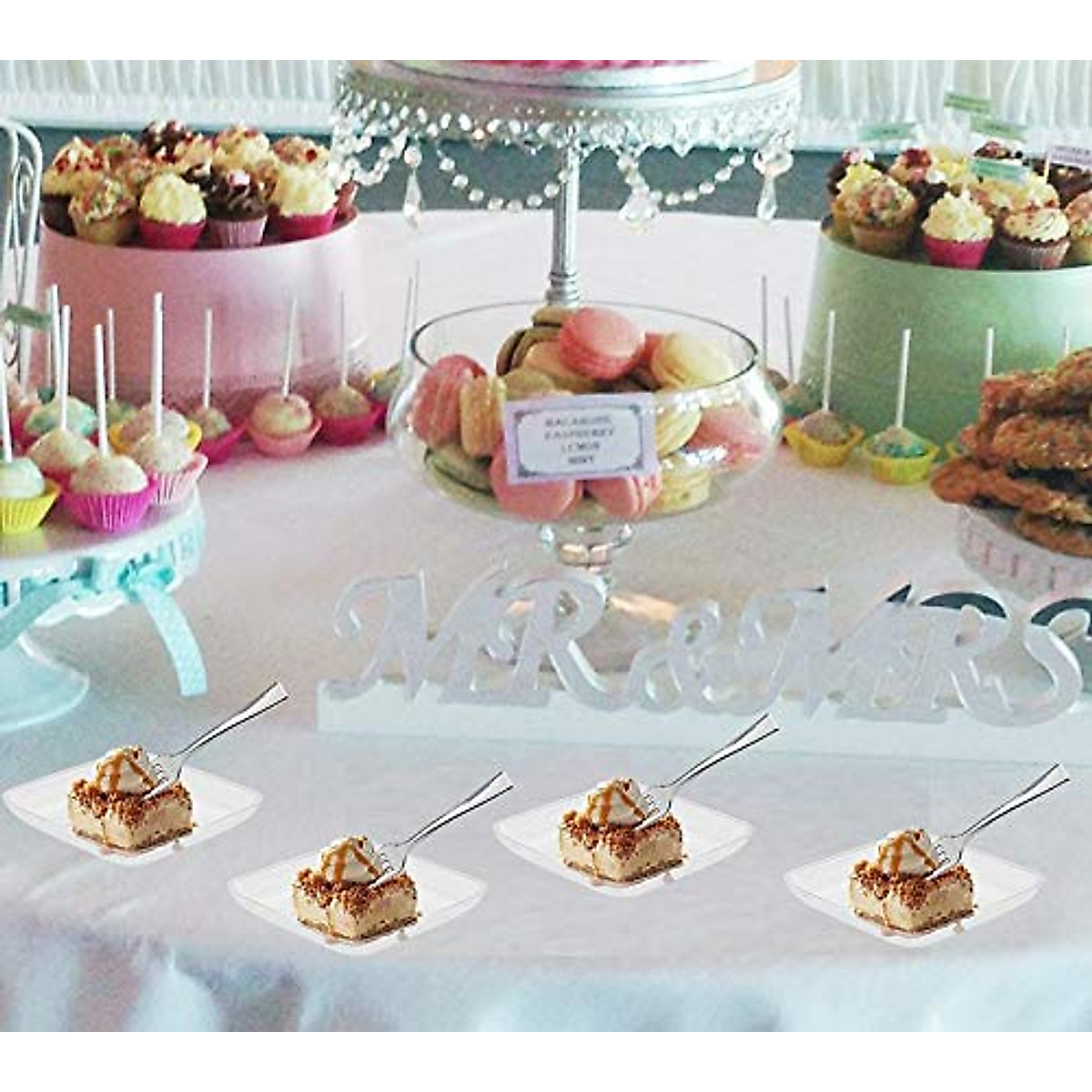 40 2.5" Mini Square Dessert Plates And 50 4" Mini Silver Tasting Forks. 90 Piece Tasting Sampling Dessert Appetizer Set. Disposable Plastic Hors D'oeuvres Combo Set.