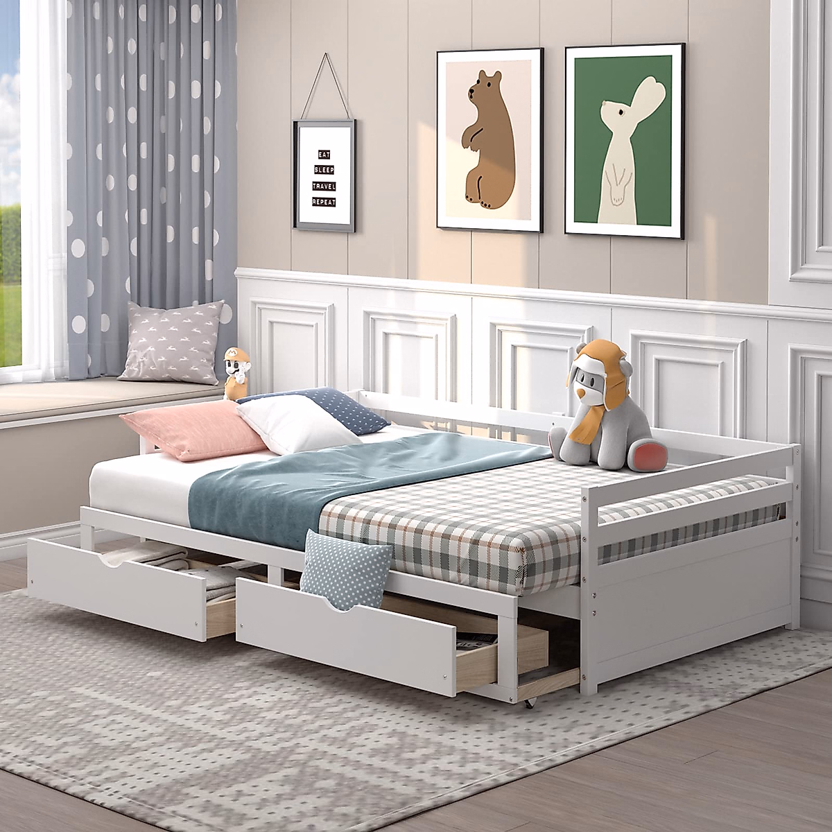 Giantex Wood Daybed with Trundle, Twin to King Extendable Daybed with 2 Storage Drawers, Dual-use Modern Day Bed for Teens, Adults, Bedroom, Guest Room, No Box Spring Required, White