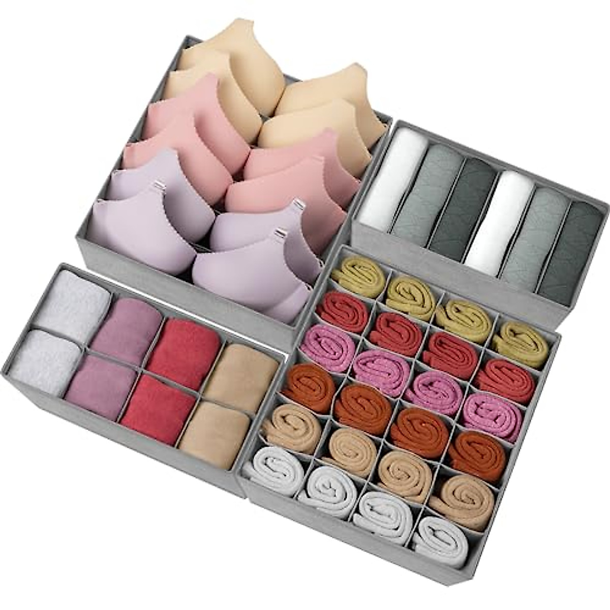 Sock Underwear Drawer Organizer Dividers 44 Cell, 4 Pack Underwear Drawer Organizers for Large Bras, Foldable Closet Organizers and Storage for Clothing, Socks, Underwear, Ties (Gray)