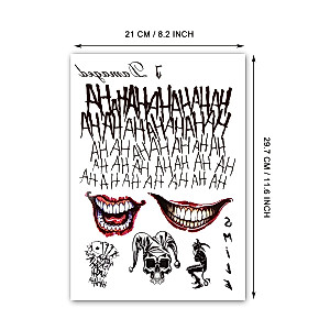 3-Pack Large Cosplay Clown Prince JOKAR & HARLI QUYNN Temporary Tattoos – 8.2 x 11.6 Inch Fake Tattoos for Cosplay, Halloween, and Parties