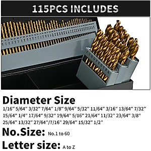 Cobalt Drill Bit Set 115 PCS, M35 High Speed Steel Bits for Hardened Metals Cast Iron, Stainless Steel, Plastic and Wood,with Metal Index Storage Box, 1/16"-1/2", A - Z, 1-60