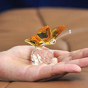 H&D Crystal Flying Butterfly with Crystal Ball Base Figurine Collection Cut Glass Ornament Statue Animal Collectible (Yellow)