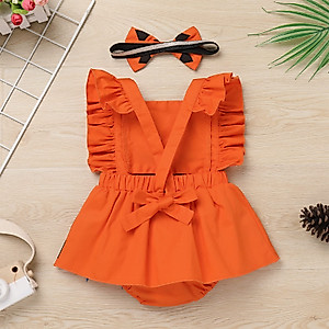 IBAKOM Baby Girl Romper Dress Toddler Cake Smash Outfit First Birthday Outfit Bubble Bodysuit One Piece Cavegirl Easter Clothes Baptism Halloween Christmas Onesie Orange-Dress (2PCS) 18-24 Months
