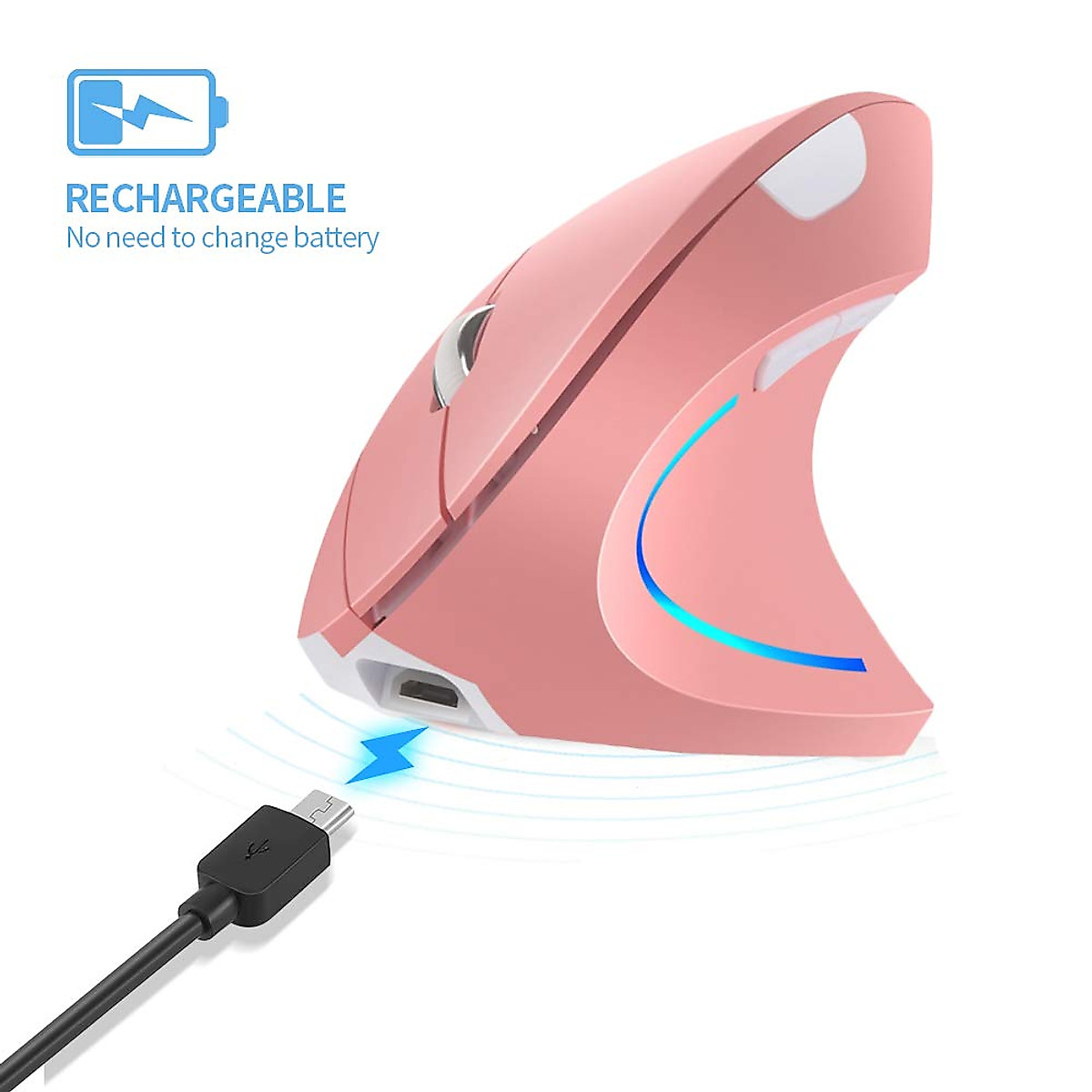 Vertical Mouse, Right Handed 2.4GHz Wireless Ergonomic Rechargeable Vertical Mouse with 4 Adjustable DPI 800/1200/1600/2400, 6 Buttons,Compatible with PC, Desktop,Mac (Pink)…