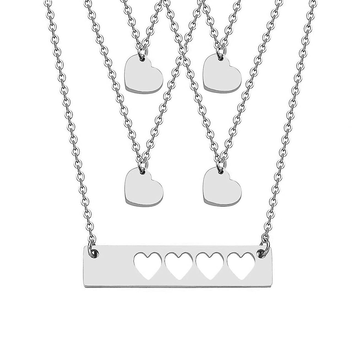 JJTZX Mother Daughter Bar Necklace Set Horizontal Bar Necklace With Cutout Heart Mommy and Me Bar Necklace Set First Day of Kindergarten Gift (Sliver bar set-4 hearts)