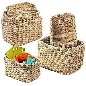 EZOWare Small Woven Paper Rope Storage Baskets, Set of 6 Soft Rectangular Decorative Container Box Bins for Baby, Kids, Closet, Nursery Room, Baskets for Gifts Empty - Beige, 3 Sizes