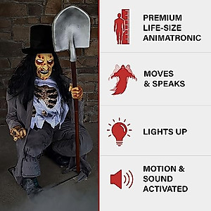 Haunted Hill Farm Motion-Activated Crouching Grave Digger by Tekky, Talking Scare Prop Animatronic for Indoor or Covered Outdoor Creepy Halloween Decoration, Plug-in or Battery Operated