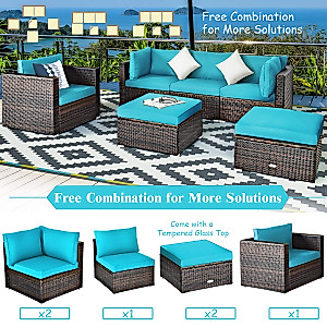 Tangkula 6 Pieces Patio Rattan Sectional Furniture Set, Outdoor Wicker Conversation Set with Glass Coffee Table Sofa Ottoman, Wicker Sofa Set with Back & Seat Cushion for Backyard Garden (Turquoise)
