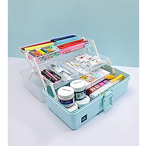 3 Layers Plastic Portable Storage Box, Multipurpose Organizer and Storage Case for Art Craft and Cosmetic, Portable Handled Storage Box for Home, School, Office, First Aids (Blue)
