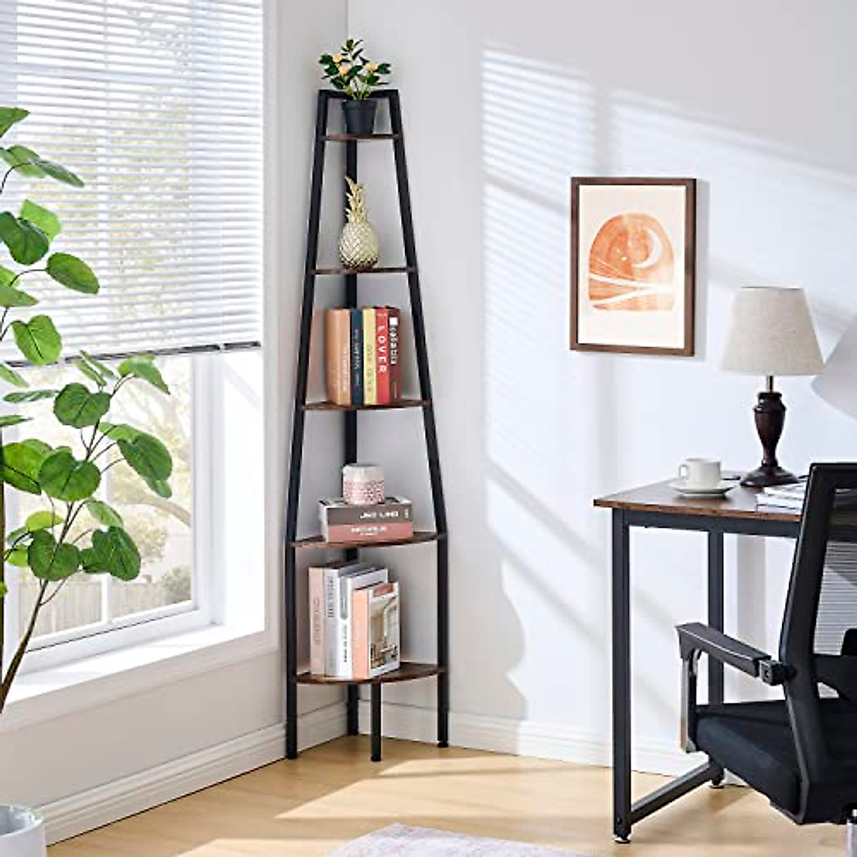 Hoctieon Corner Shelf, Industrial 5-Tier Corner Bookshelf, Rustic Corner Ladder Shelf, Corner Bookcase for Small Spaces, Bedroom, Living Room, Home Office, Kitchen, Balcony, Rustic Brown