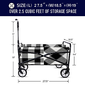 Collapsible Wagon Cart Buffalo Check Plaid Set in Black and White Seamless Monochrome Neutral Foldable Utility Wagon Large Capacity Garden Cart with Push Bar for Beach Camp Outdoor Shopping