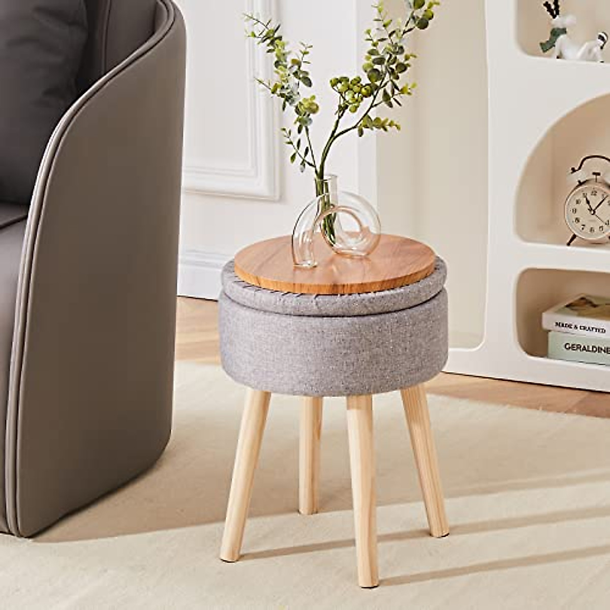 Mxfurhawa Storage Ottoman Linen Round Vanity Stool Tray Top Modern Foot Stool with Wood Legs Multifunctional Upholstered Foot Ottoman Rest for Living Room, Bathroom, Makeup (Grey)