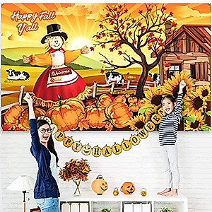 Blulu Happy Fall Y'all Party Decoration Backdrop Welcome Fall Scarecrow Harvest Decorative Autumn Background for Halloween Thanksgiving Party Décor Harvest Time Pumpkin (Orange Fall)