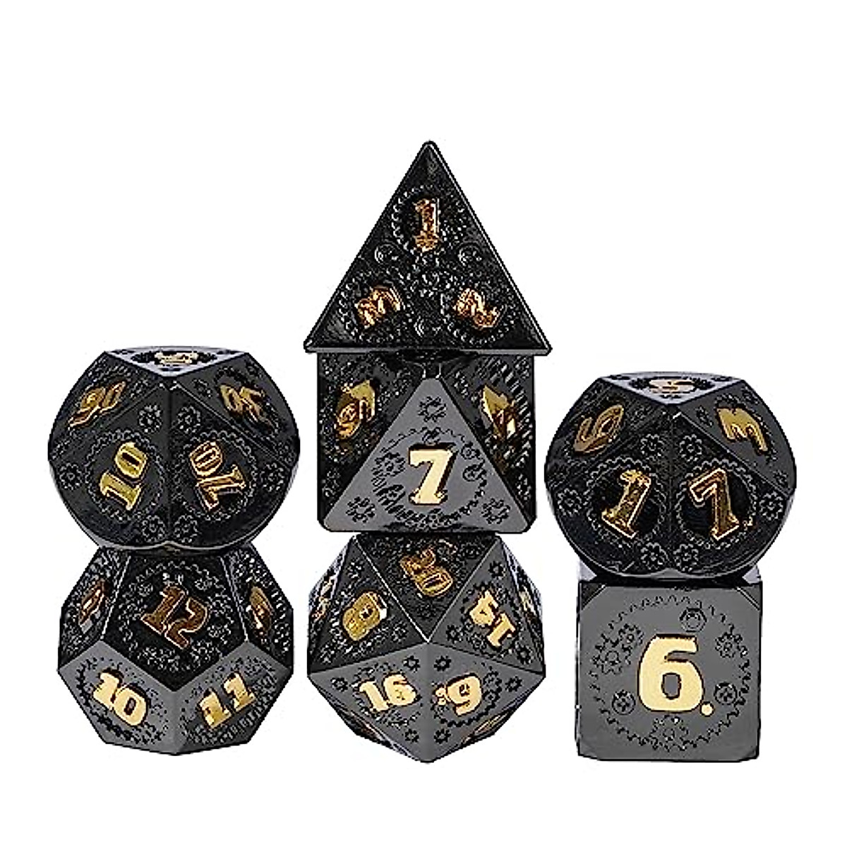 CRITALLIC Metal Dice Set Mechanical Gear Design DND Dice for Dungeons and Dragons, 7PCS Polyhedral D&D Dice with Leather Pouch for Role Playing Games MTG Table Games(Black Golden)