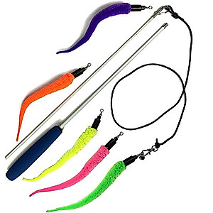 Pet Fit For Life Cat Wand Toy: 5-Piece Worm Teaser & Exerciser - Durable Flirt Pole/Cat Teaser Toy – Interactive Fun for Feline Fitness