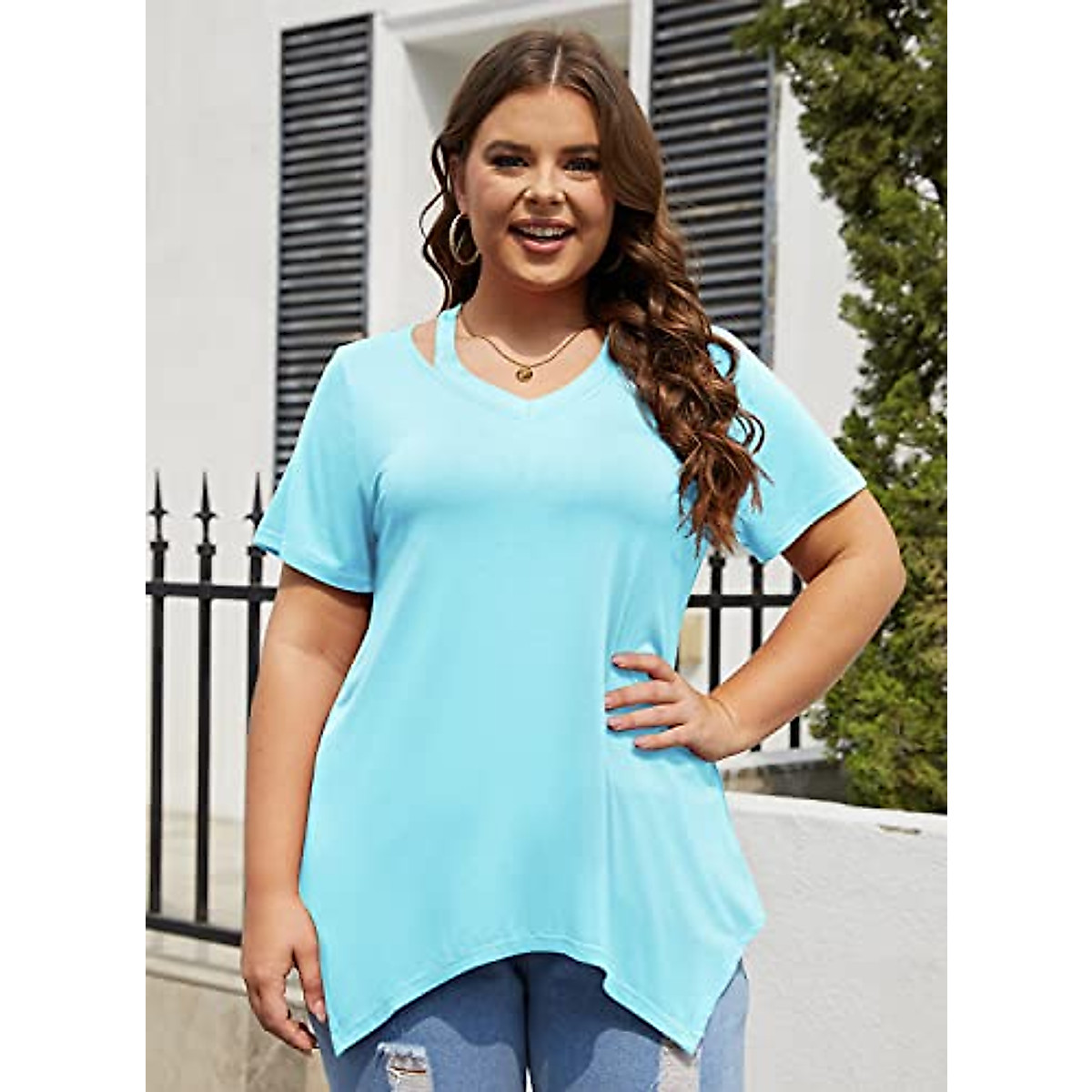 Bulotus Plus Size Tops for Women Casual Summer, V Neck Tops for Women Casual Summer Tunic Tops for Leggings for Women, Light Blue, XXX-Large