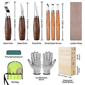 Wood Whittling Kit for Beginners Kids and Adults,Wood Carving kit Set With 8PCS Basswood Carving Blocks,Wood Carving Tools Gift include 6PCS Whittling Knife,Gloves,Roll Bag,Sharpener for Widdling Kit
