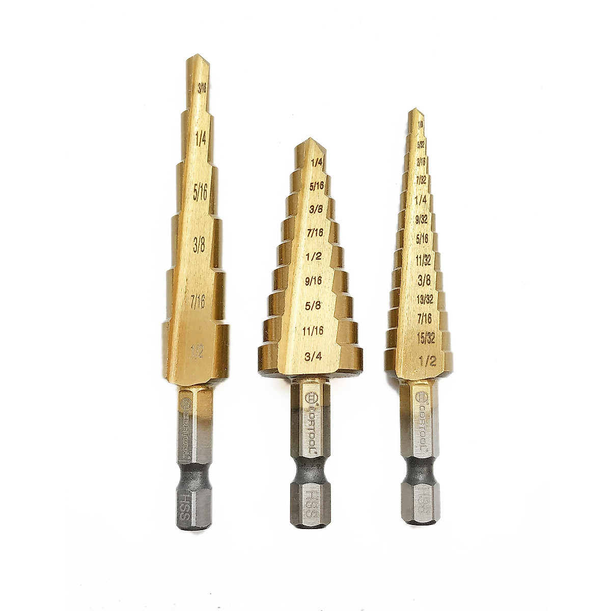 Step Drill Bit for Metal, Step Drill Bit, CORTOOL 3PCS Titanium Unibit Step Drill Bit Set, High Speed Steel Step Drill Bit HSS Quick Change 1/4" Shank,Total 28 Sizes 3/16" -1/2",1/4"-3/4",1/8"-1/2"