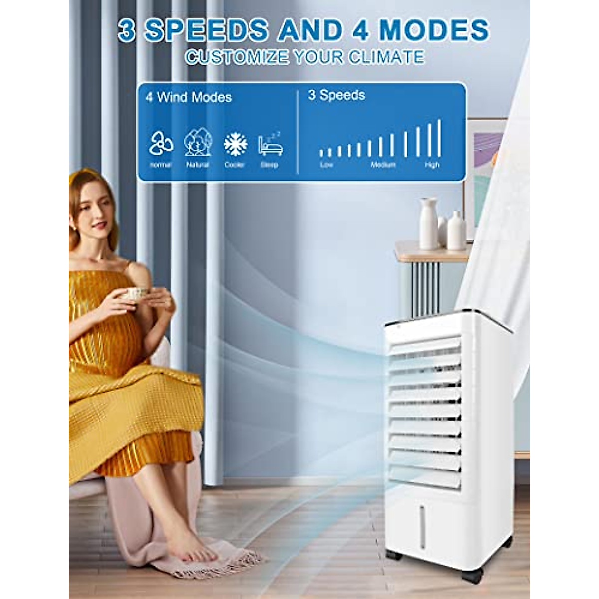 Evaporative Air Cooler,3-IN-1Portable Air Conditioners and Windowless Room Cooler Humidification-Ice Packs-12 Hour Timer-Remote Control,Ideal for Home, Office, Bedroom, Kitchen,School,Garage (‎‎Pearl White)